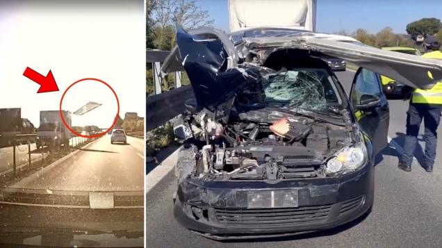 Terrifying Footage of Metal Roof Flying Off Truck and Smashing Into ...